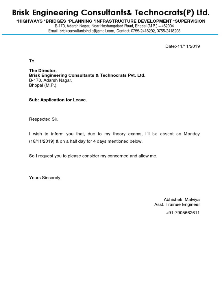 Leave Application Format | PDF