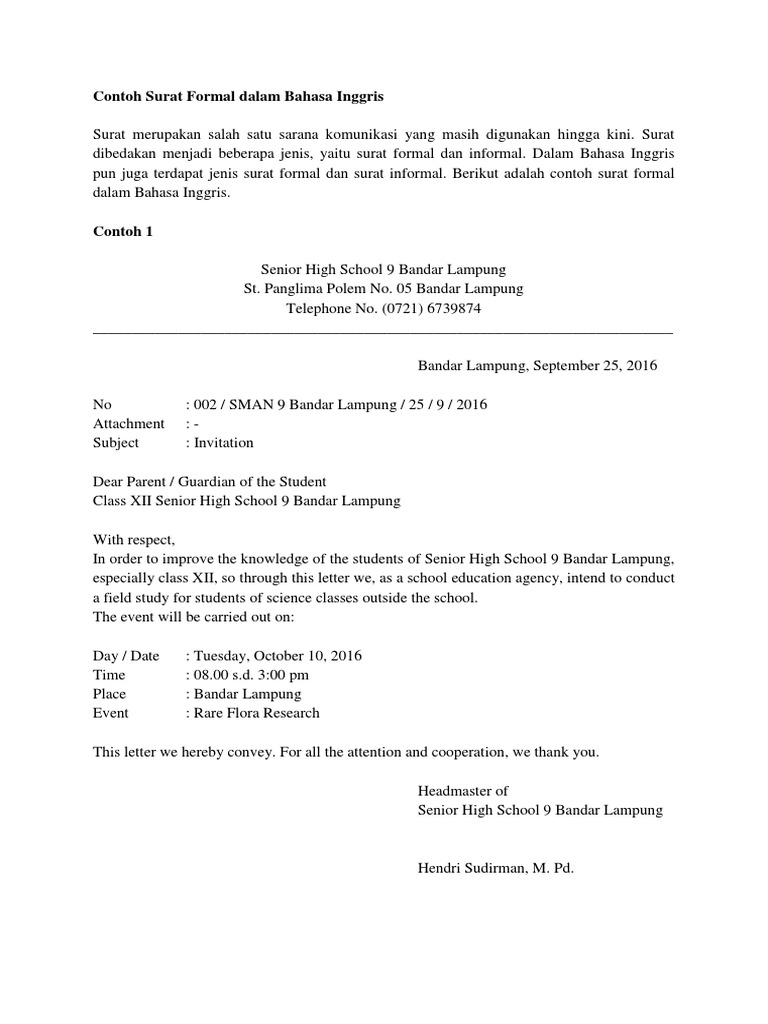 Contoh Surat Formal Dalam Bahasa Inggris | PDF