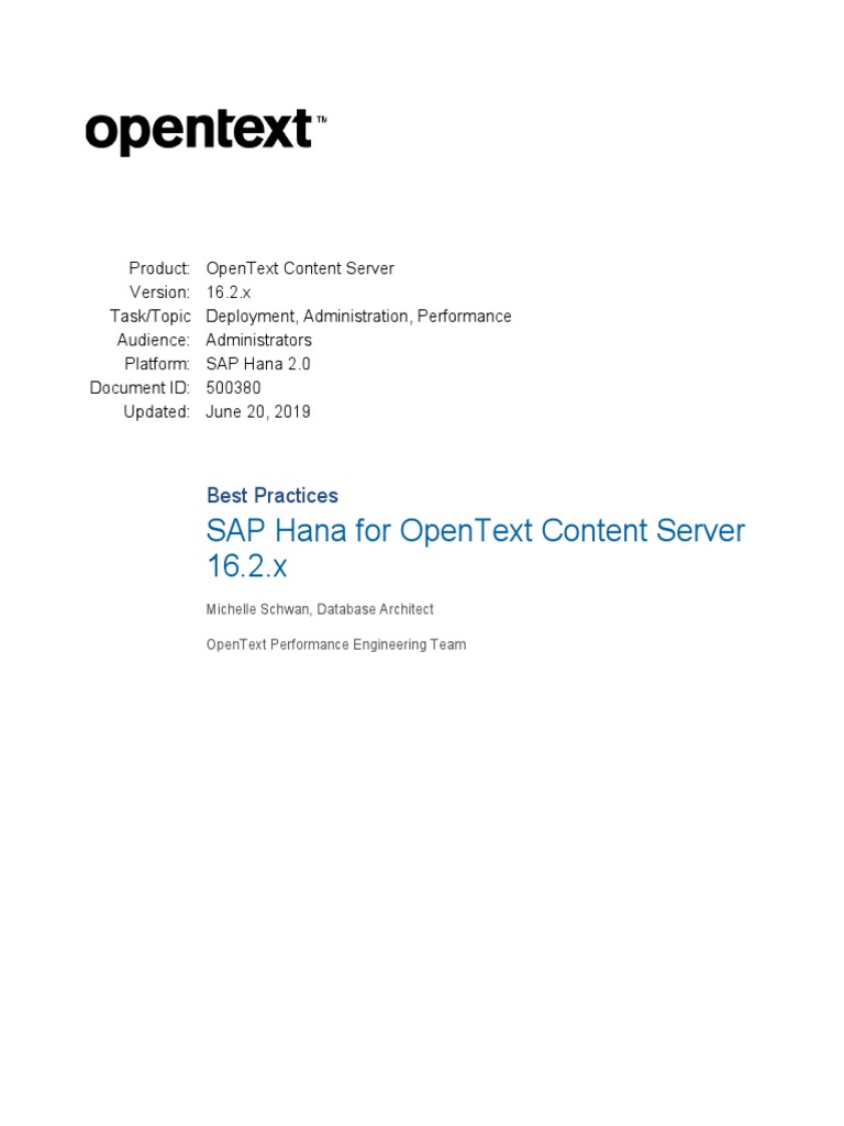 Best Practices SAP Hana For OpenText Content Server 16.2.x | PDF