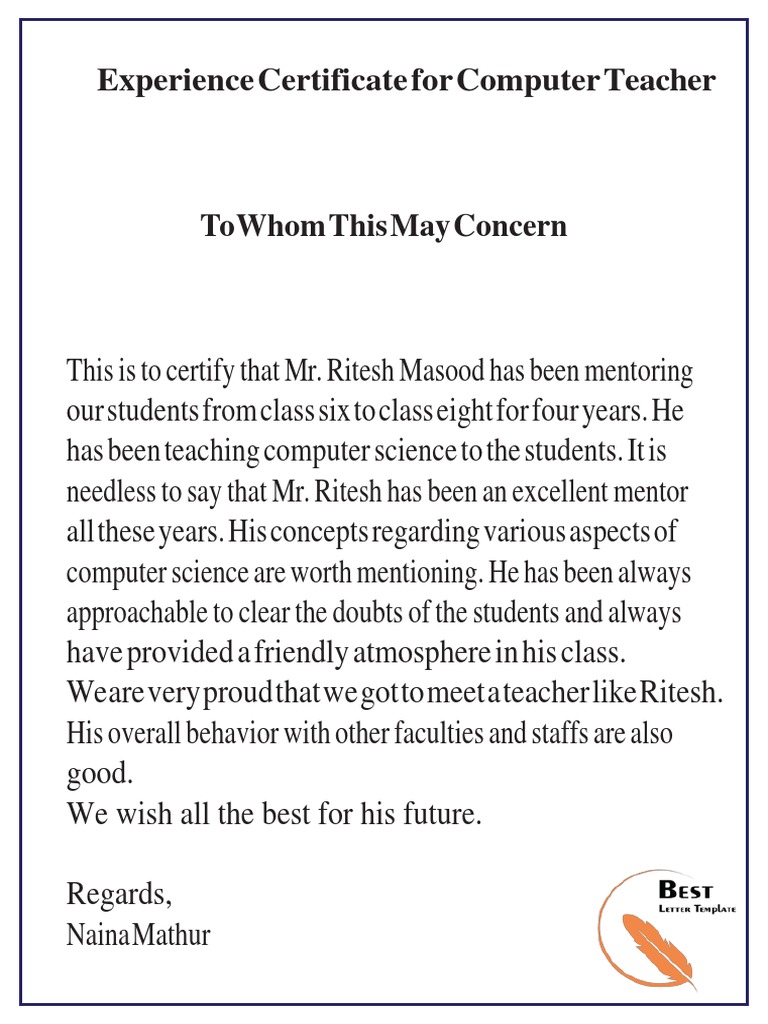 Experience Certificate For Computer Teacher | PDF