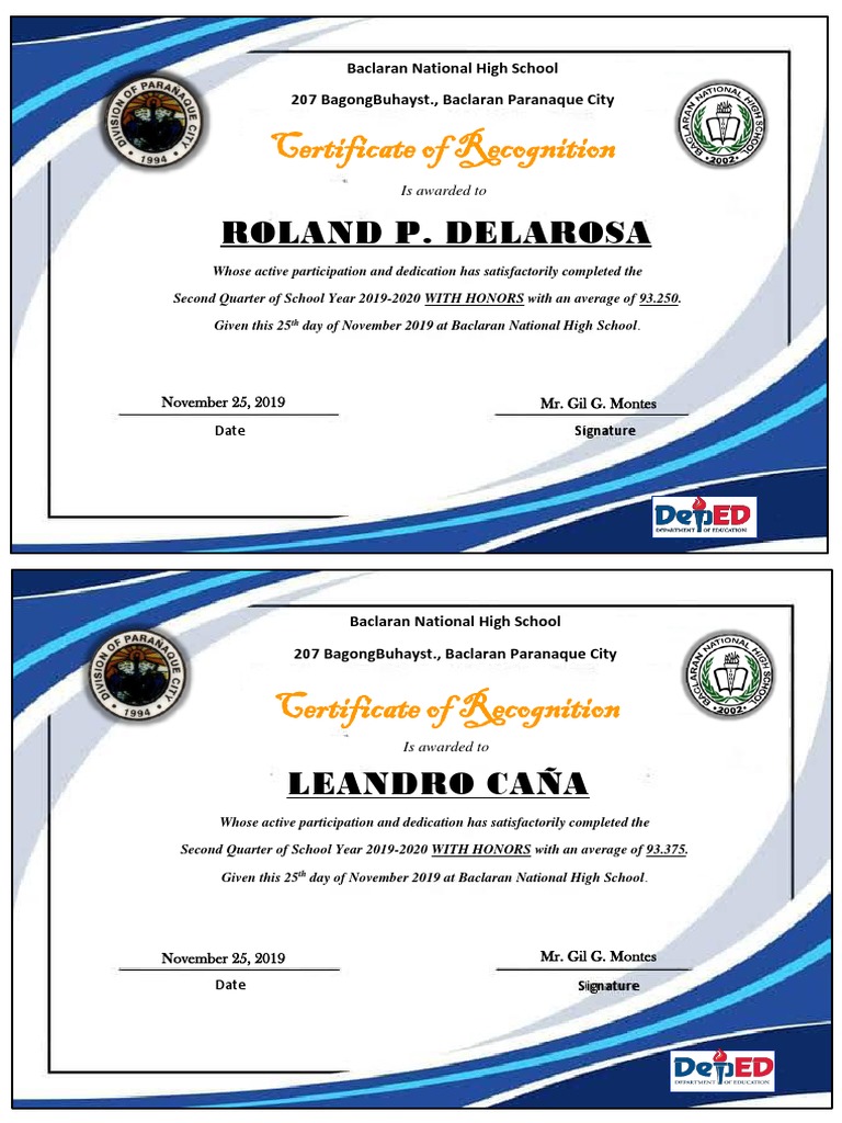 GRADE 10 CERTIFICATES 2nd | PDF