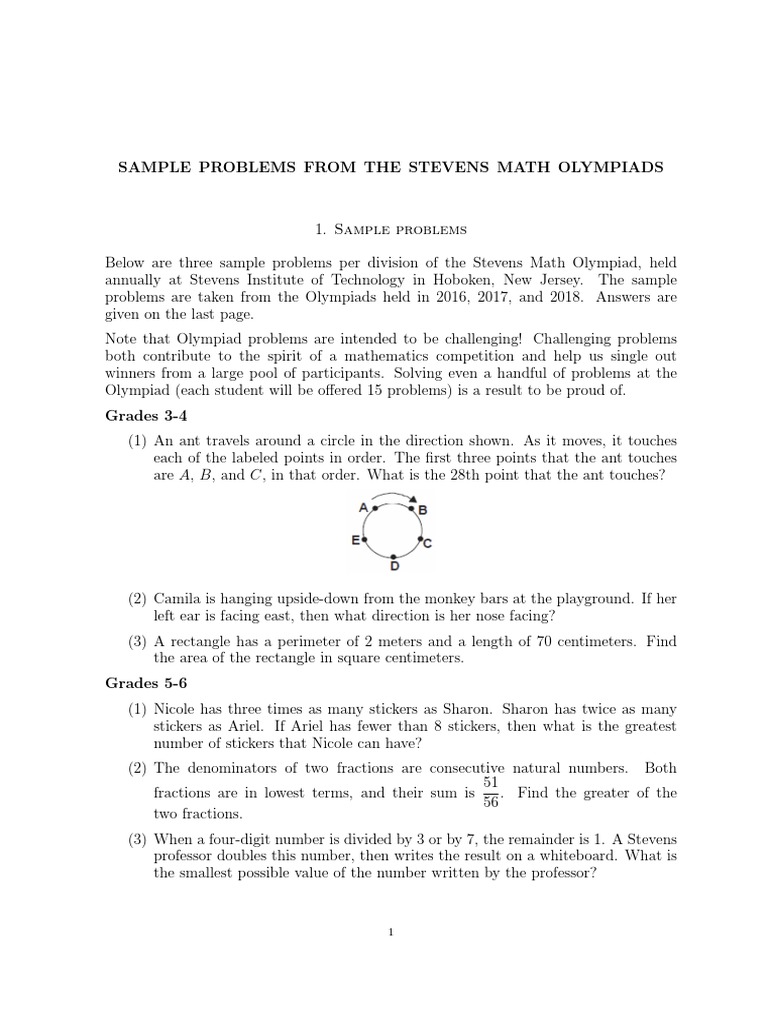 Sample Problems from the Stevens Math Olympiads: Providing Challenging ...