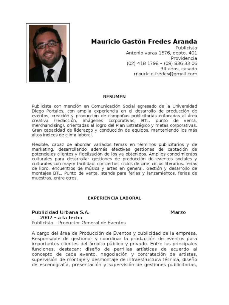 CV Mauricio Gaston Fredes Aranda | PDF | Publicidad | Marketing