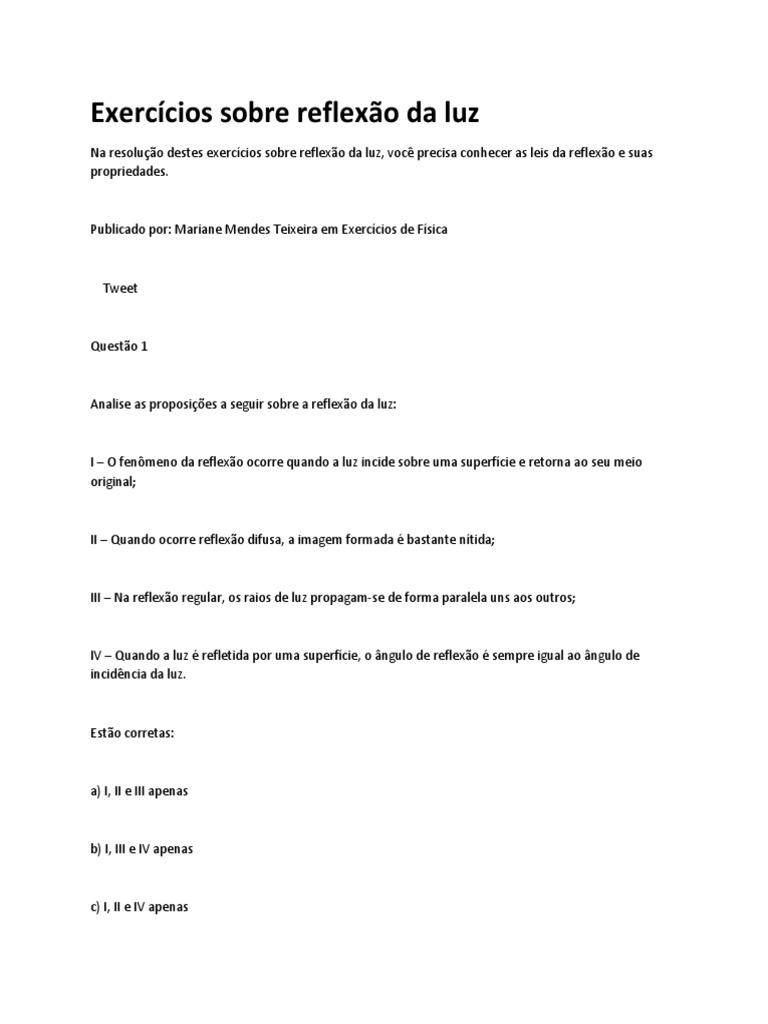 Exercícios Sobre Reflexão Da Luz | PDF