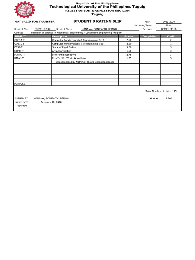 Student Rating Slip 2019-2020 | PDF