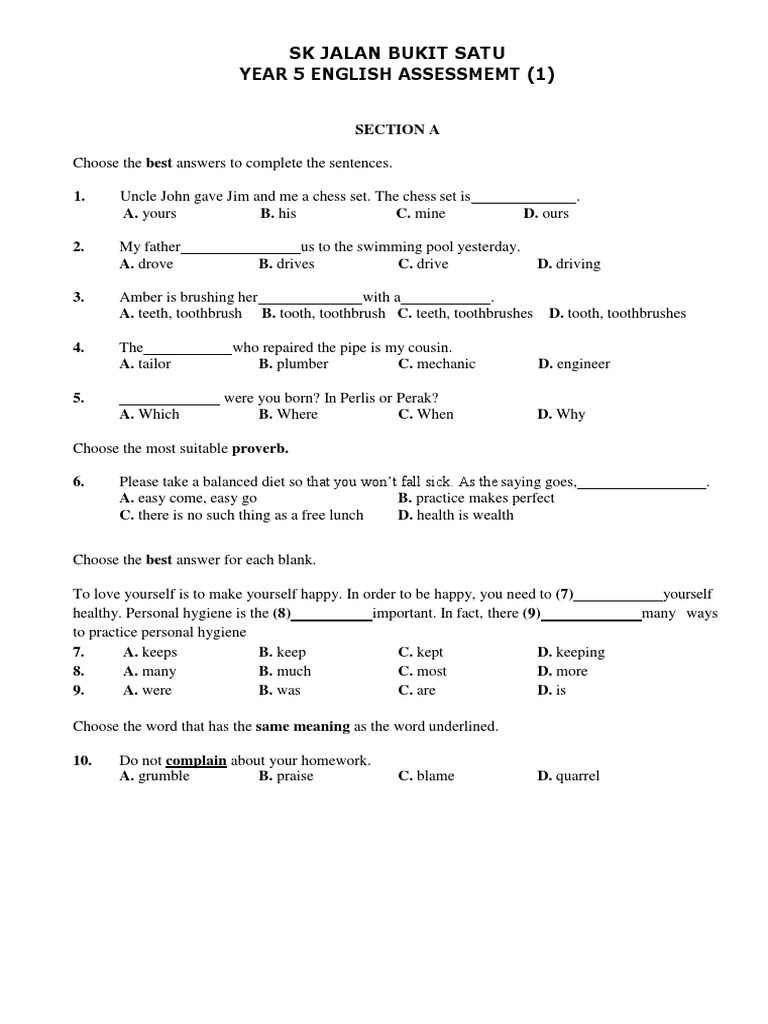 English - Diagnostic Test - Year 5 - 2020 | PDF