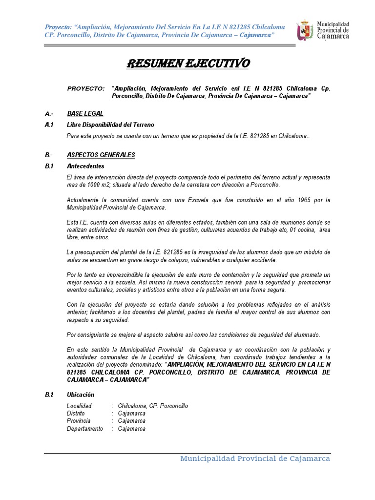 Resumen Ejecutivo IE Chicaloma | PDF | Ciencia y matemáticas