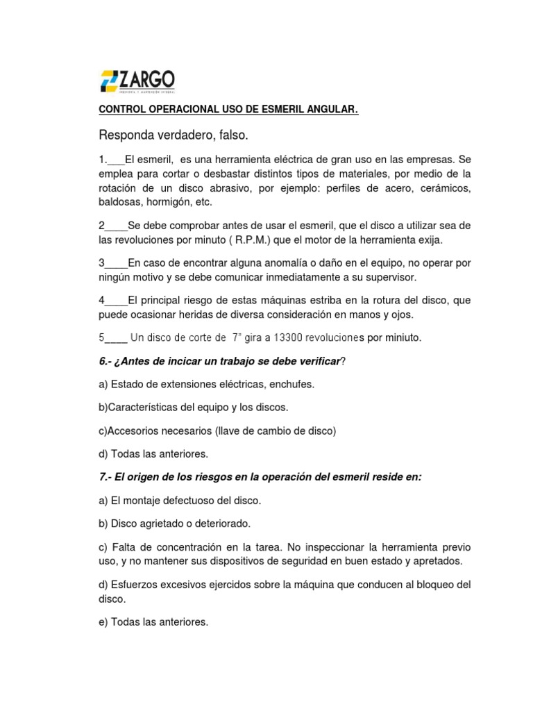 Control Operacional Uso de Esmeril Angular (Prueba) | PDF