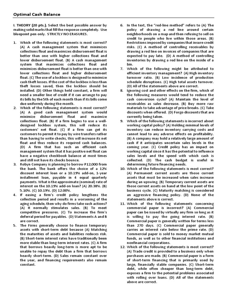 Optimal Cash Balance Financial Management Accounting | PDF | Business ...