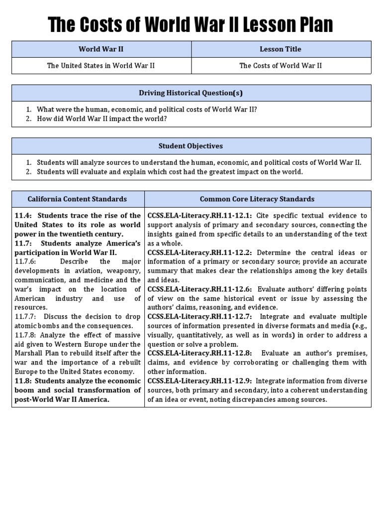 Costs of World War II Lesson Plan | PDF