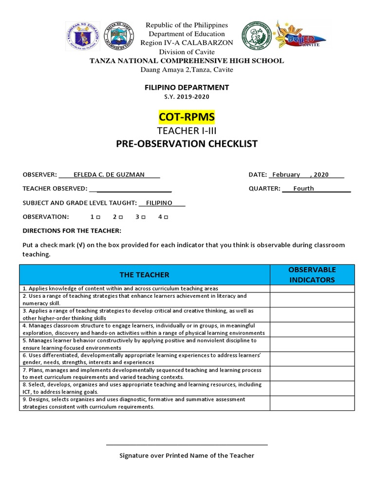PPST PRE OBSERVATION CHECKLIST Teacher 1 3