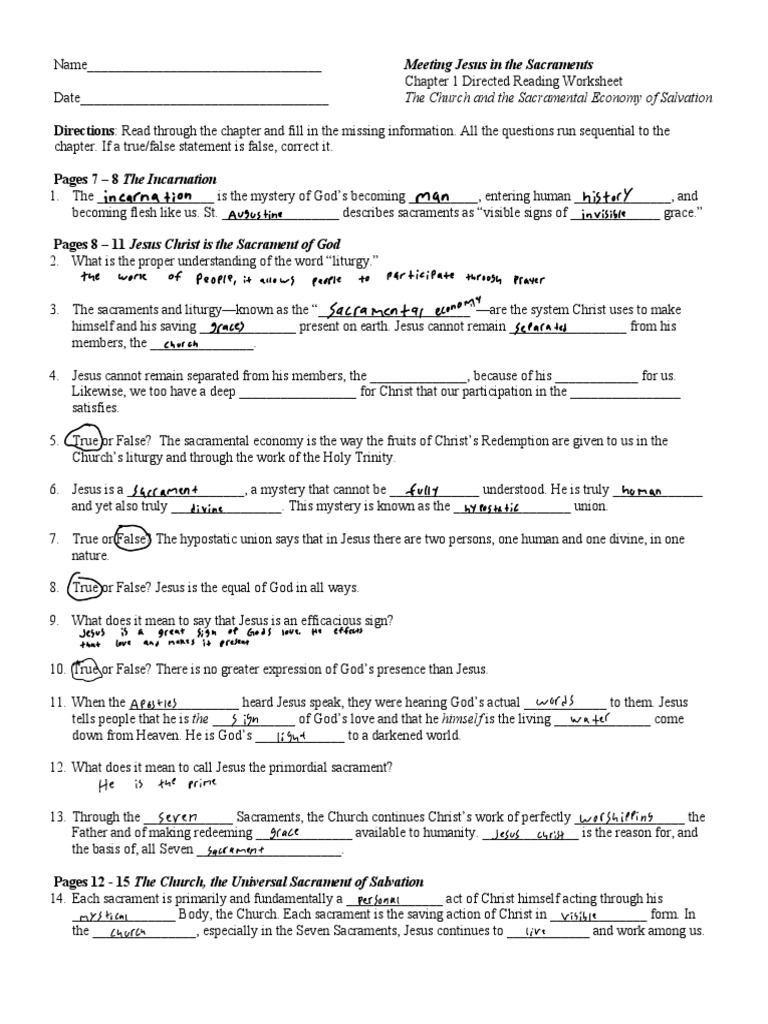 Meeting Jesus in The Sacraments Directed Reading Worksheets Chapter 1 | PDF