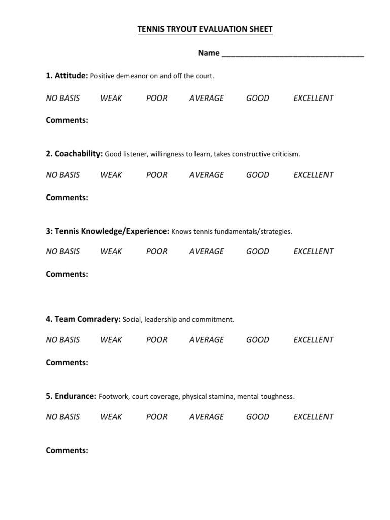 Tennis Tryout Evaluation Sheet | PDF