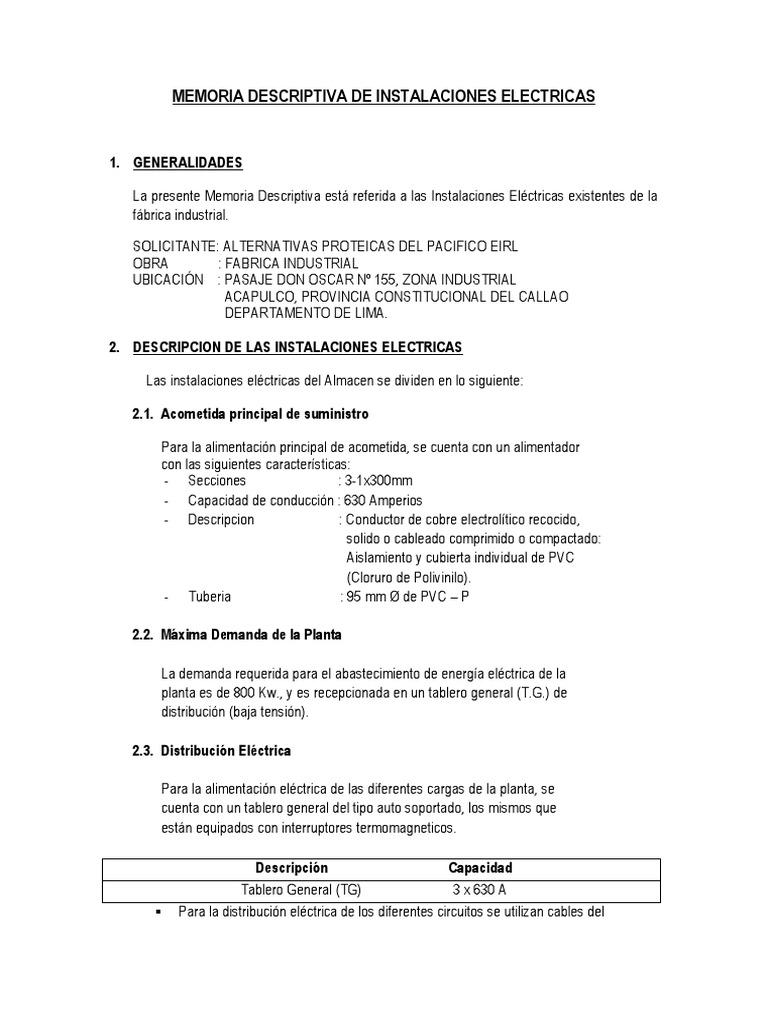 Memoria Descriptiva de Instalaciones Electricas Technofeed PDF | PDF