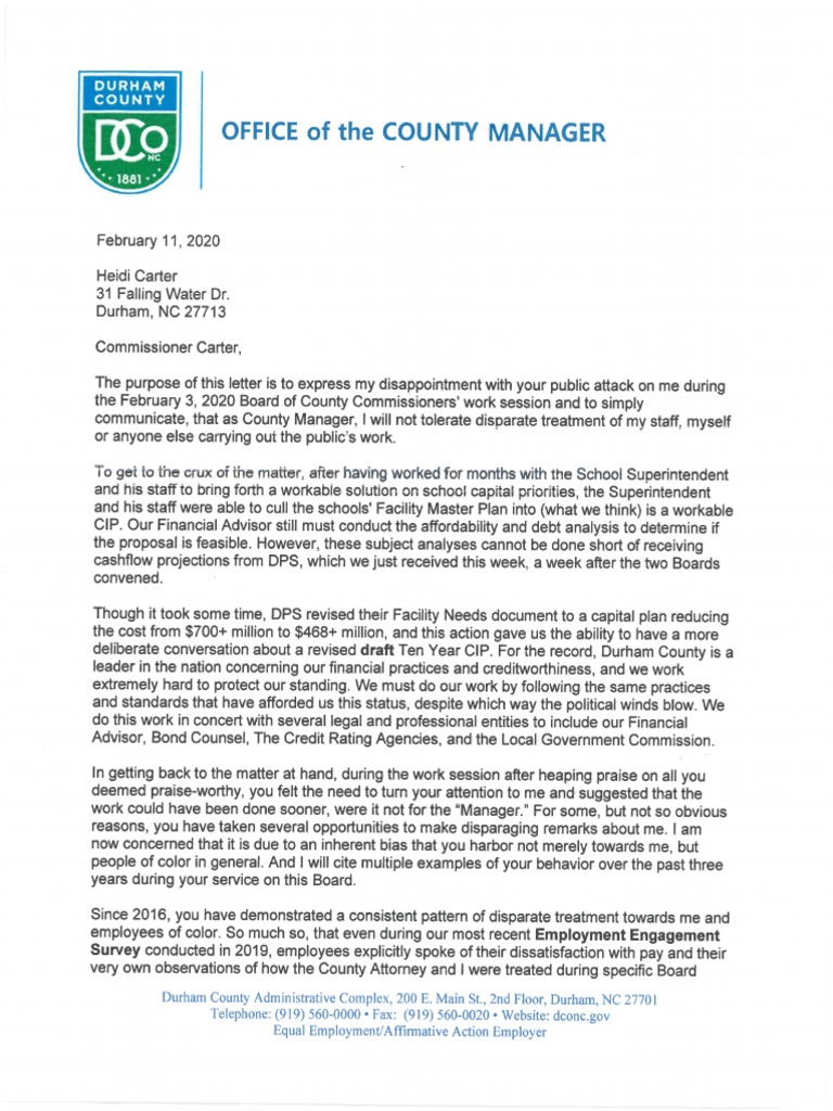 Durham County manager letter