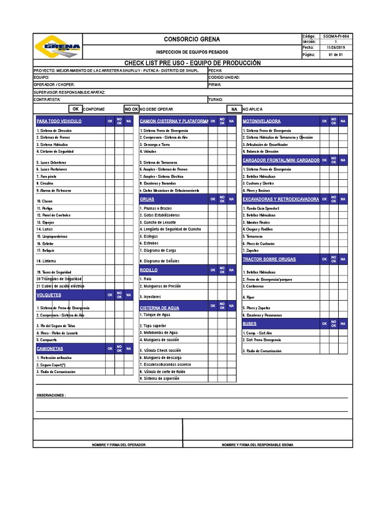 For - Ssoma-Fr-004 Check List Pre Uso | PDF For - Ssoma-Fr-004 Check List Pre Uso | PDF