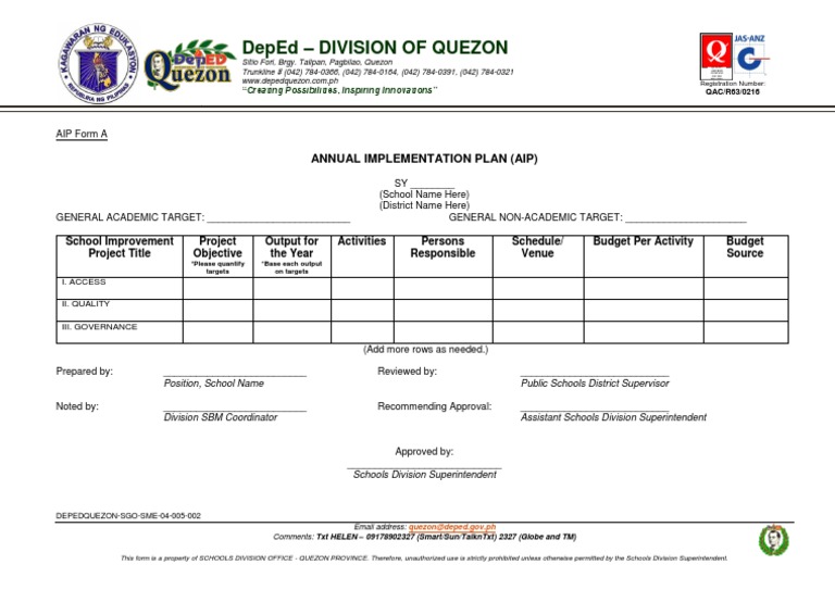 AIP Template for DepEd Schools | PDF