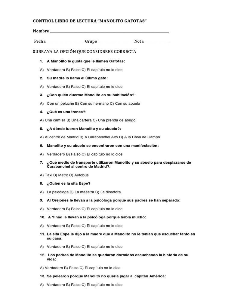 Control Libro de Lectura Manolito Gafotas | PDF
