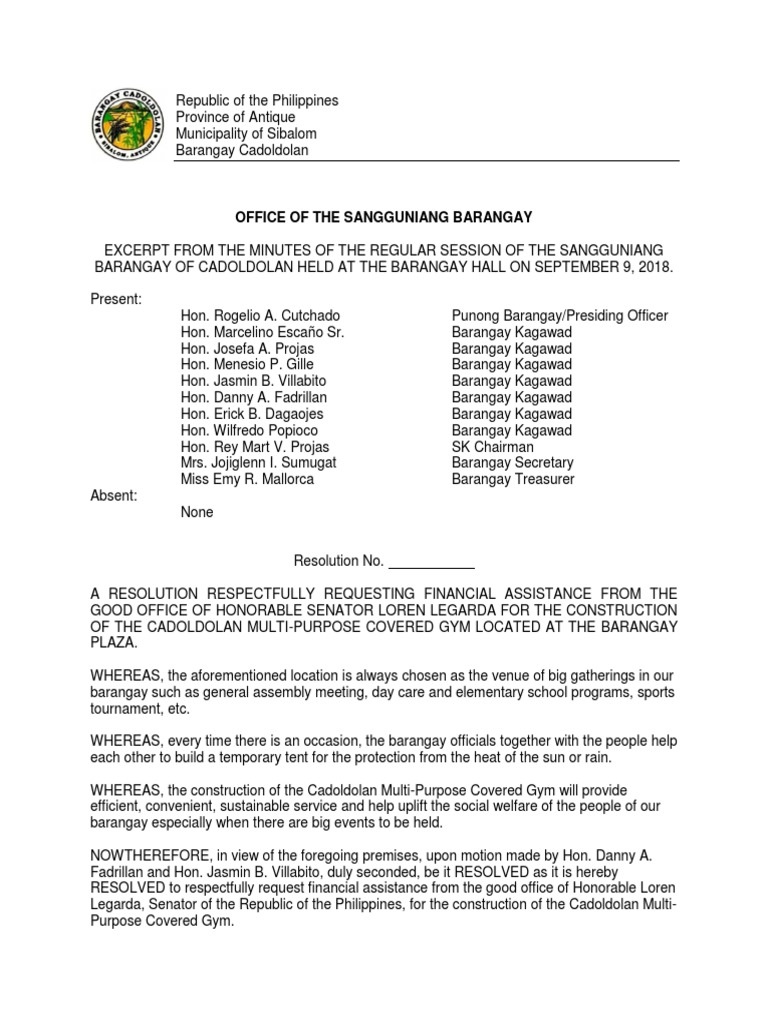 Barangay REsolution | PDF