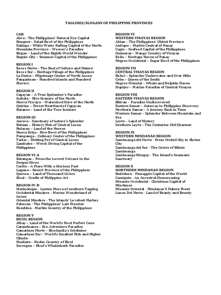 Taglines/Slogan of Philippine Provinces | PDF | Philippines | Luzon