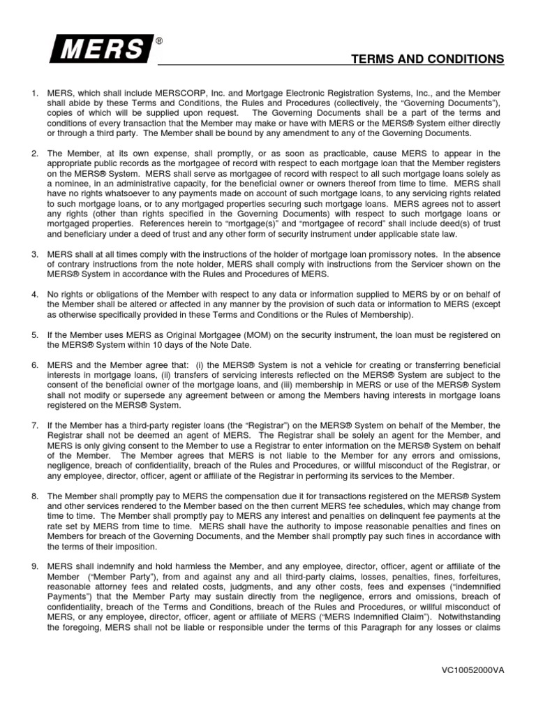 MERS Terms and Conditions 2008 | PDF | Mortgage Law | Arbitration