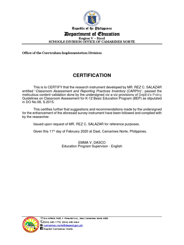 Certification of CARPIn Validation | PDF | Business