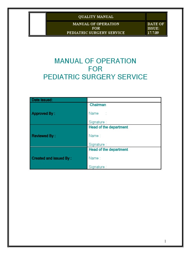 Manual of Operation FOR Pediatric Surgery Service | PDF | Surgery | Patient