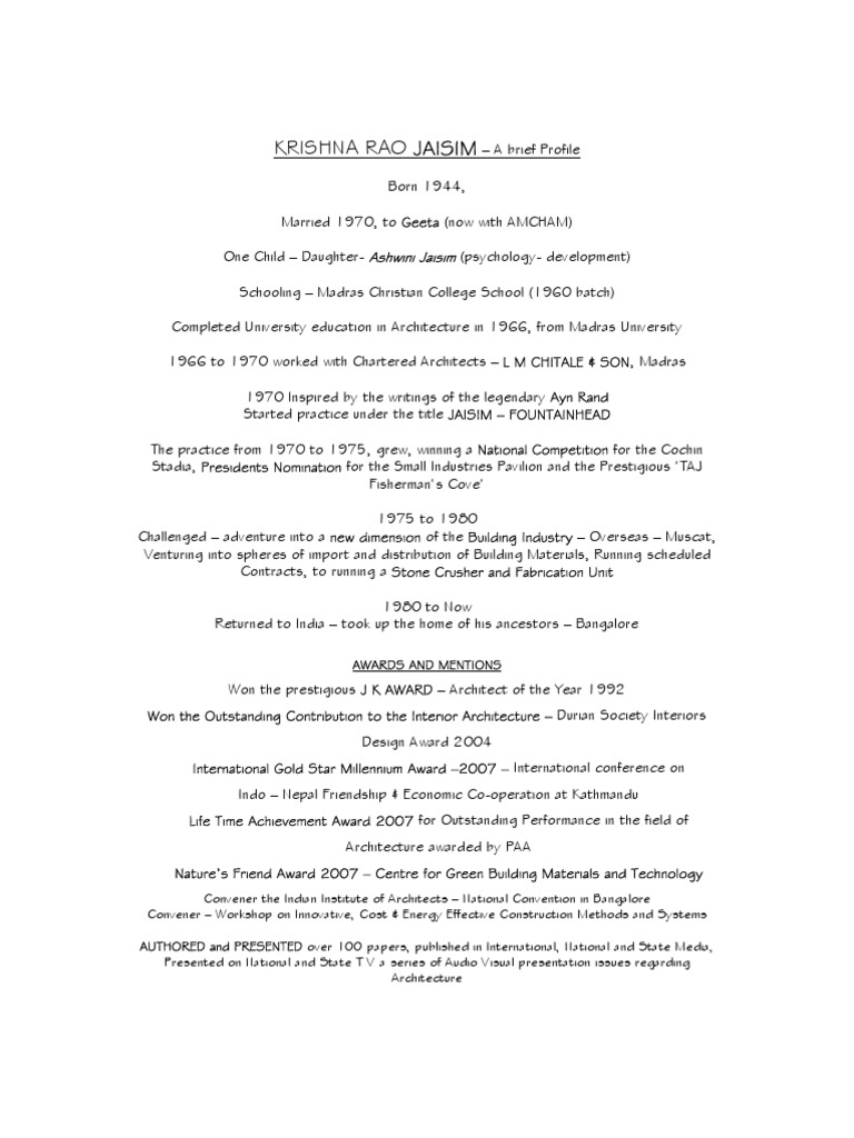 KRISHNA RAO JAISIM - A Brief Profile | PDF | Architect | Engineering