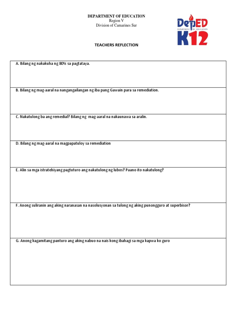 Teachers Reflection Form | PDF