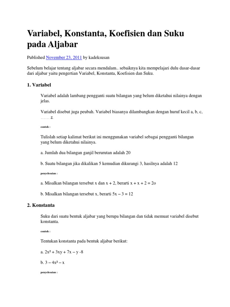 Variabel, Konstanta, Koefisien Dan Suku Pada Aljabar | PDF