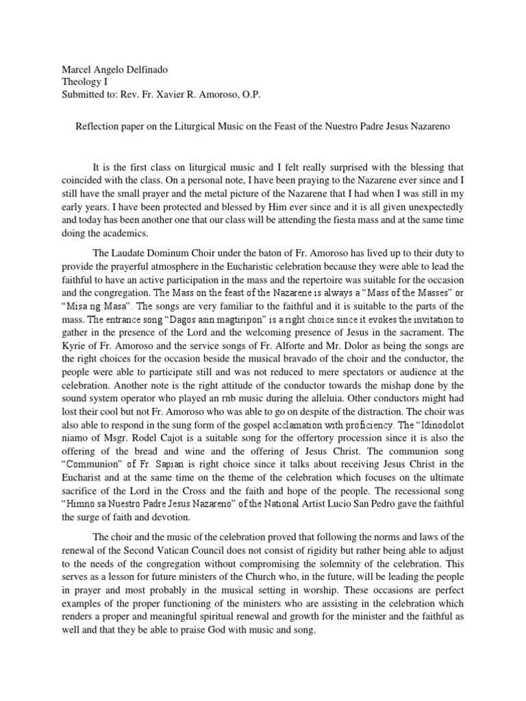 Reflection Paper Liturgical Music | PDF | Eucharist | Religious Rituals