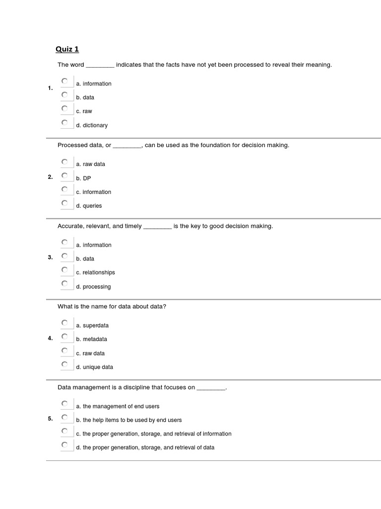 Quiz 1 | Download Free PDF | Relational Database | Databases