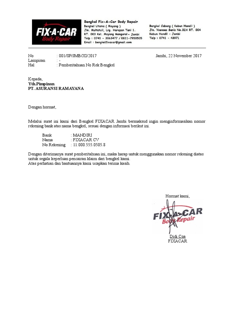 Surat Pemberitahuan No Rek Mandiri | PDF