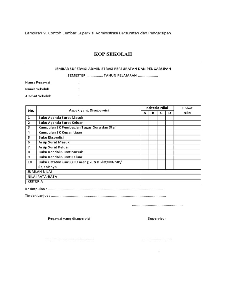 Lampiran 9 Contoh Lembar Supervisi Administrasi Persuratan Dan ...