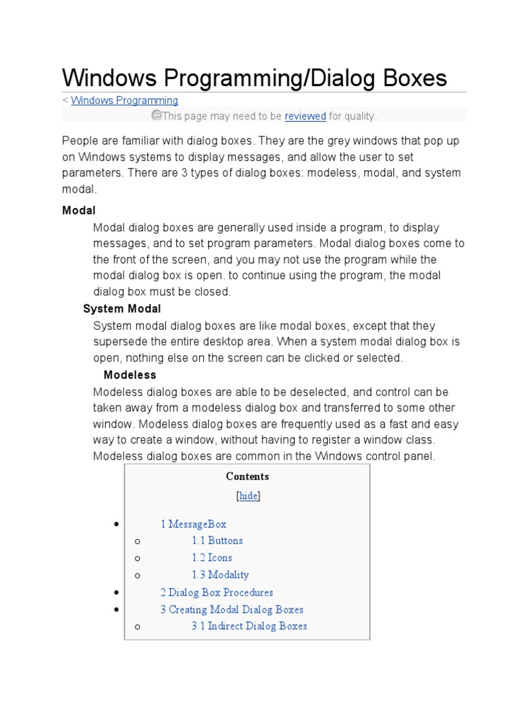 Windows Programming/Dialog Boxes: Modal | PDF | Dialog Box | Subroutine