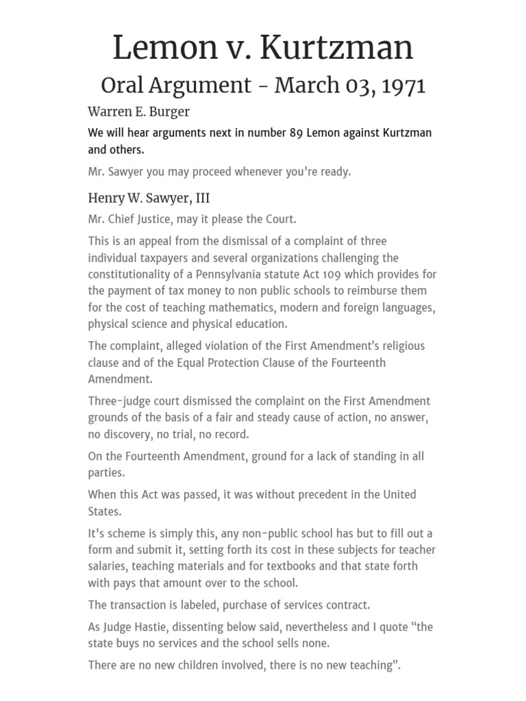 "Lemon v. Kurtzman: 1971 Oral Argument" | PDF | Fourteenth Amendment To ...