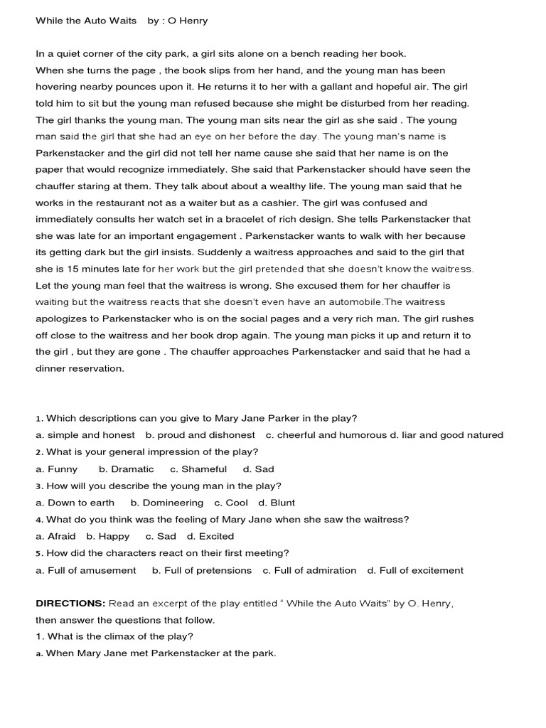 While The Auto Waits | PDF | Waiting Staff