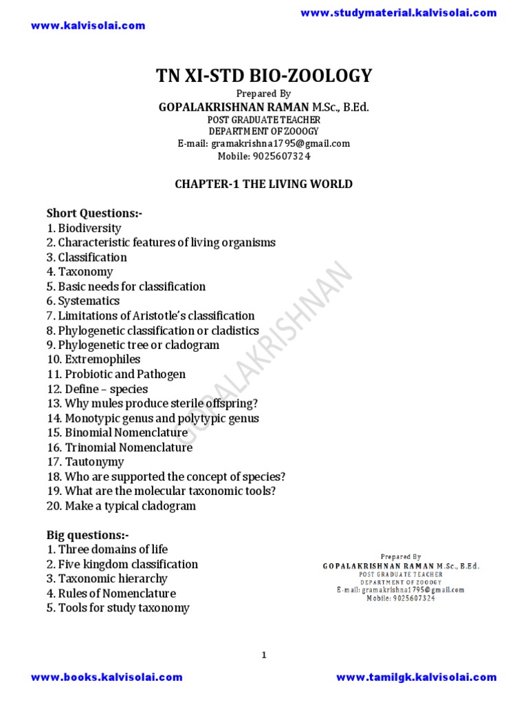 Class 11 Bio Zoology em - TN HSC Bio - Zoology Chapter Wise Question ...