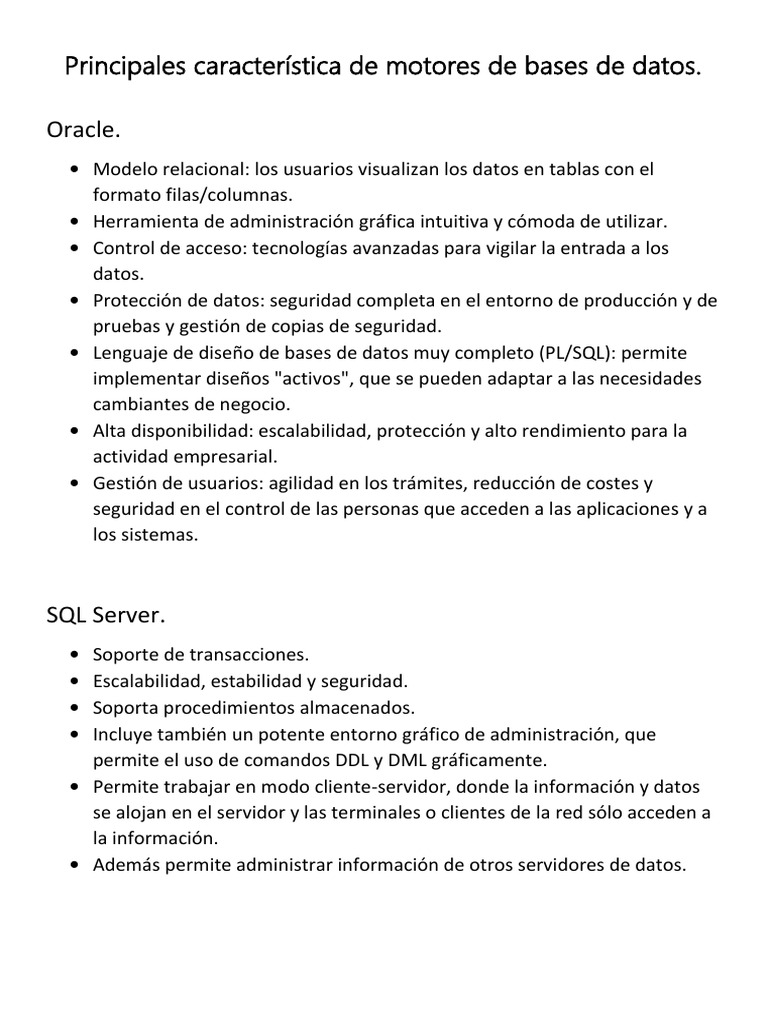 Principales Característica de Motores de Bases de Datos | PDF | Postgre Sql | SQL