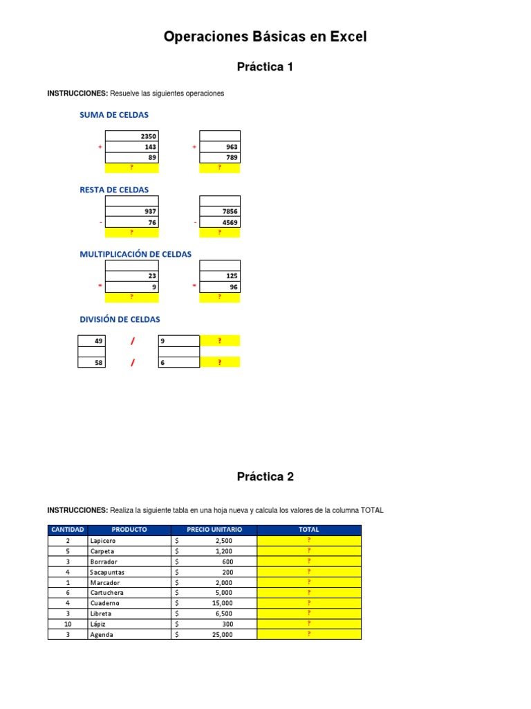 Ejercicio Operaciones Basicas en Excel | PDF | Hoja de cálculo ...