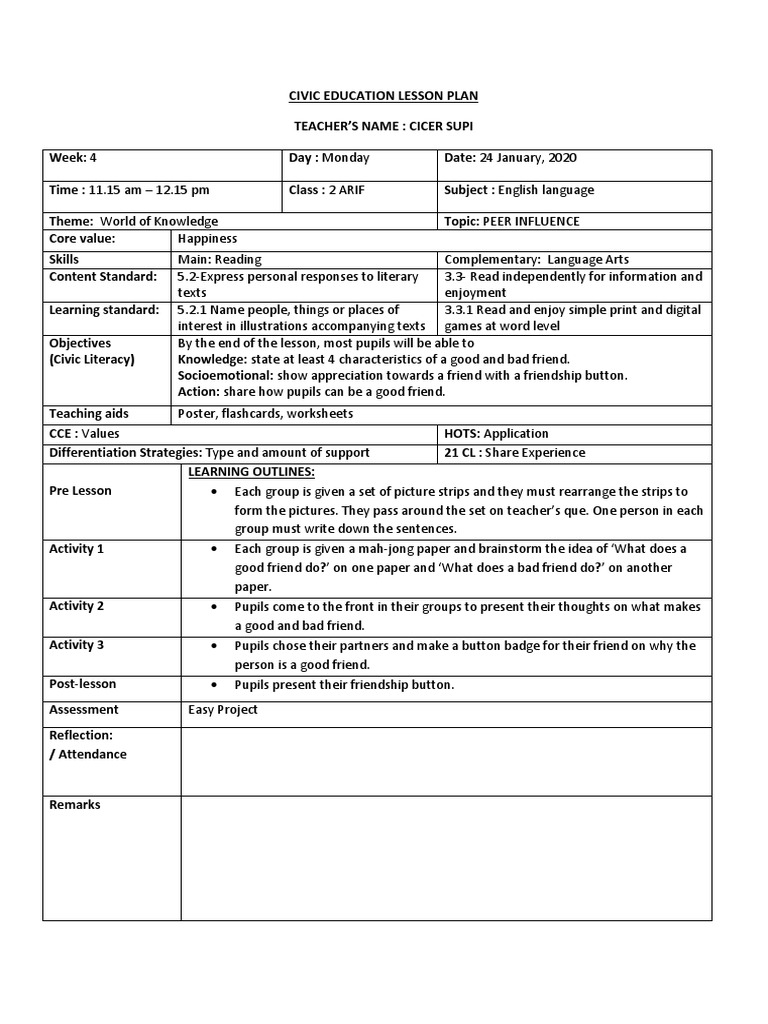 Civic Education Lesson Plan | PDF | Lesson Plan | Teaching