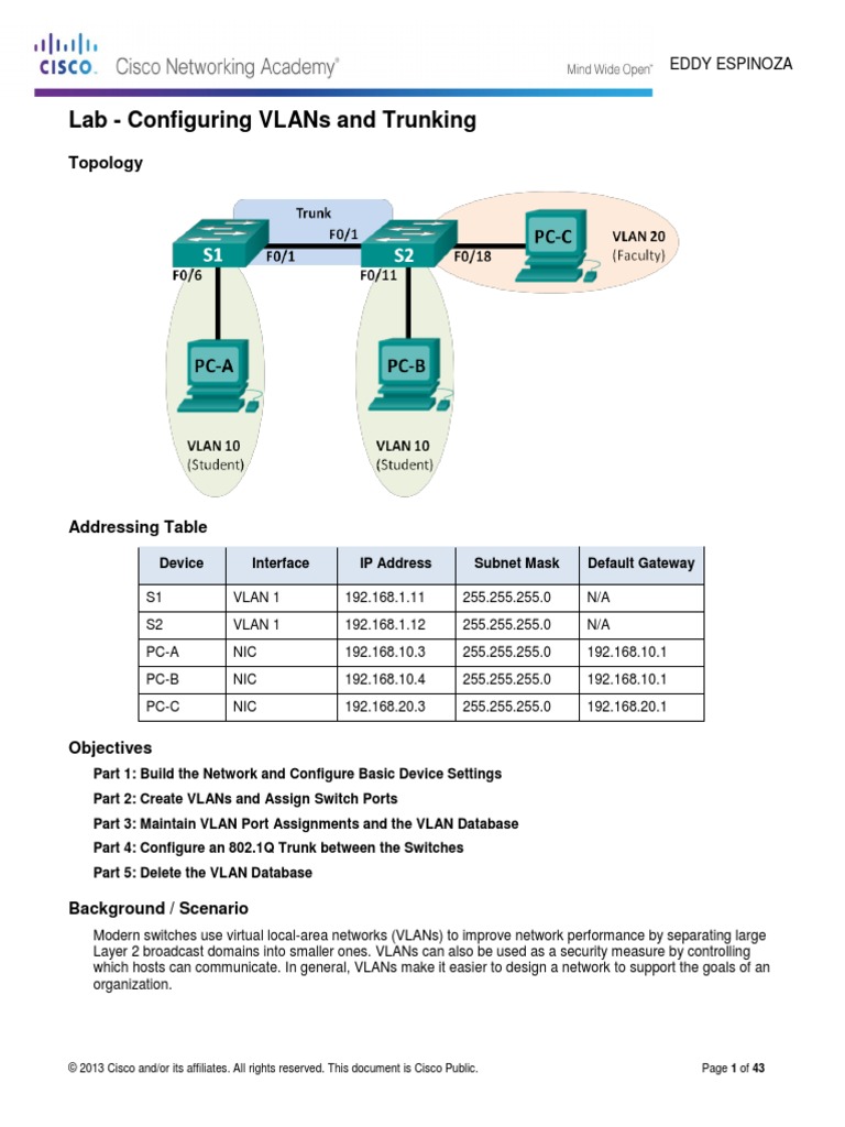 TALLER 6.2.2.5 Lab - Configuring VLANs and Trunking - DESARROLLO | PDF | Network Switch ...