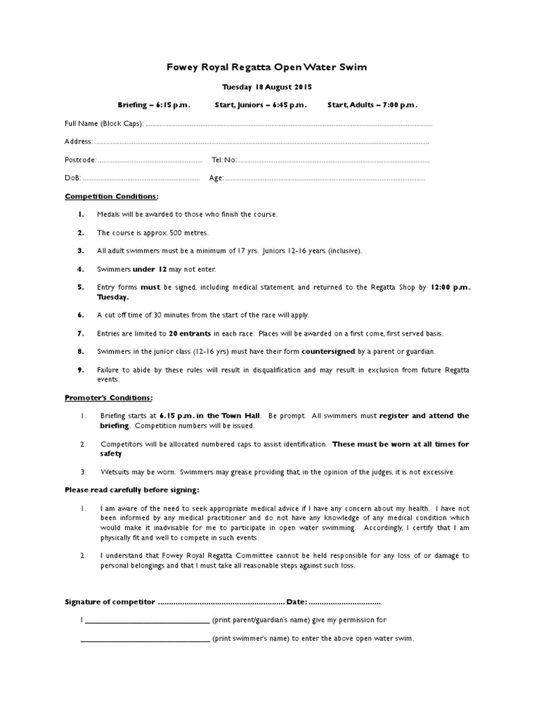 Swimming Entry Form | PDF | Swimming (Sport) | Health Care