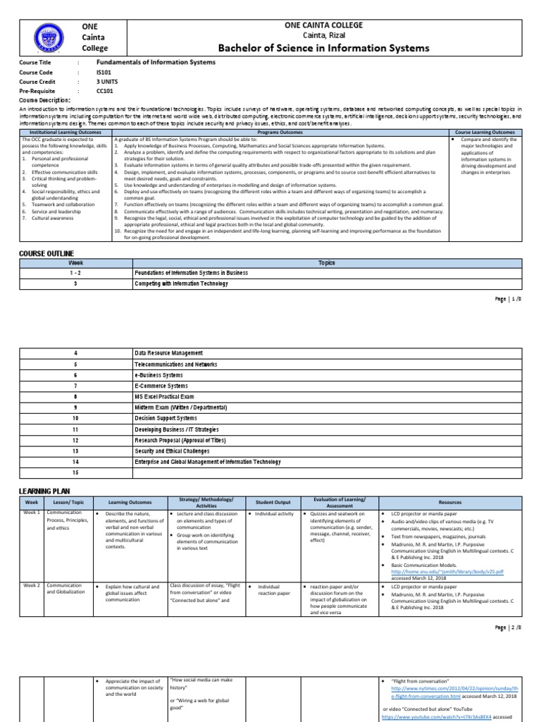 OCC Fundamentals of Information Systems Syllabus | PDF