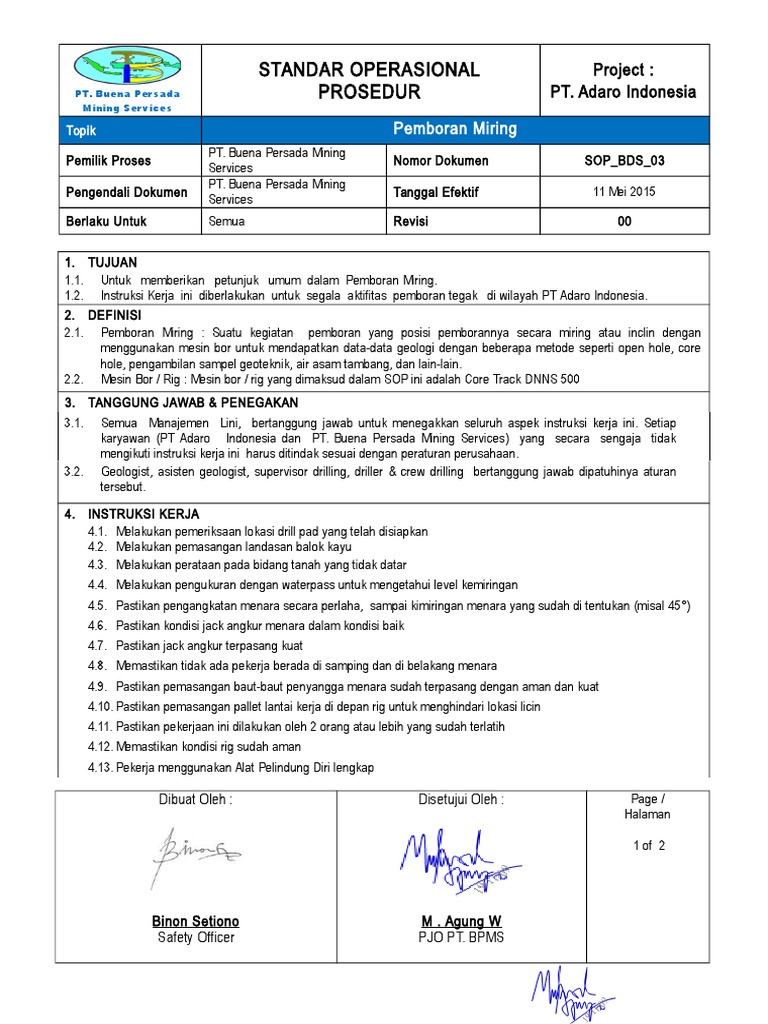 .SOP Pemboran Miring | PDF