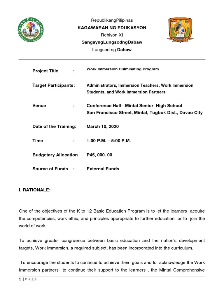Activity Proposal On Culminating Program Immersion | PDF | Learning | Cognition