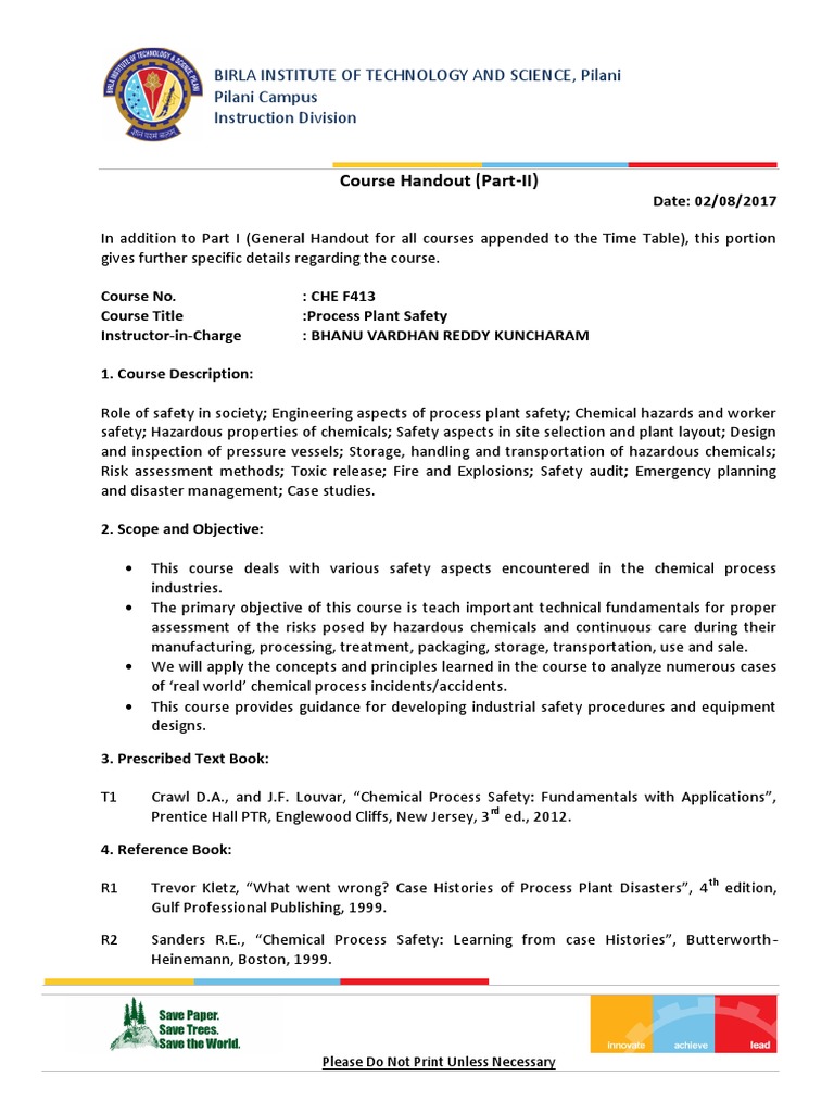 Che f413 Process Plant Safety | PDF
