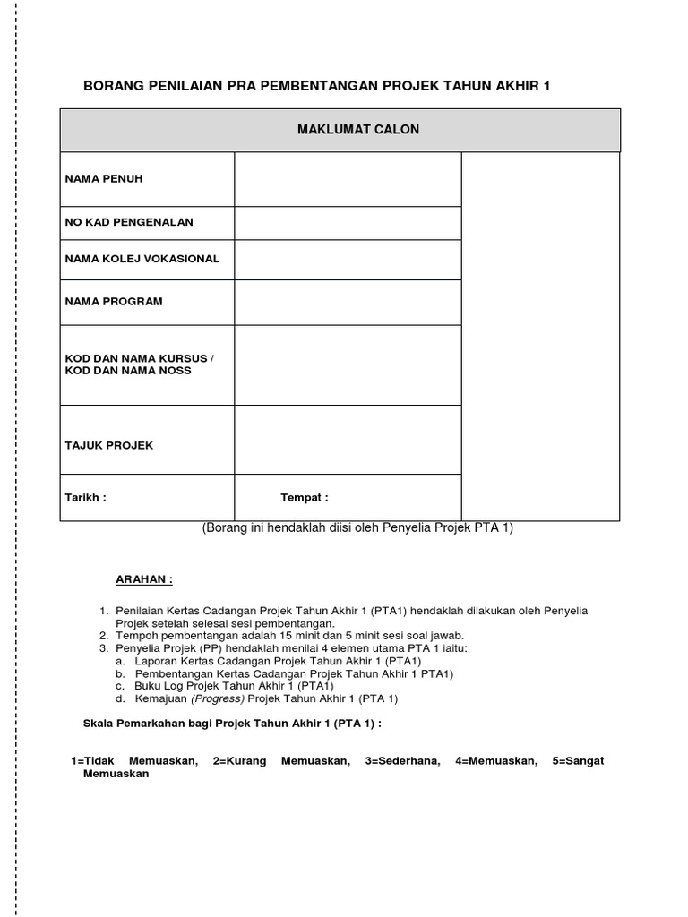 Borang Penilaian Pra Pembentangan Projek Tahun Akhir 1 | PDF