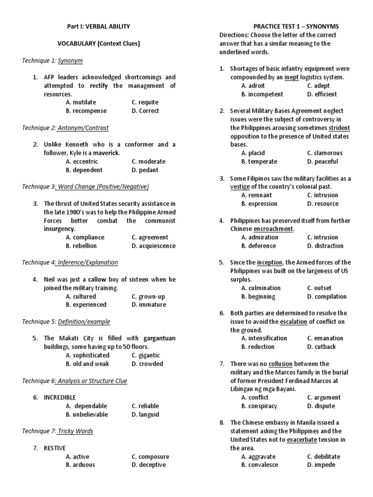 AFPSAT 2025 Verbal Ability Reviewer | PDF
