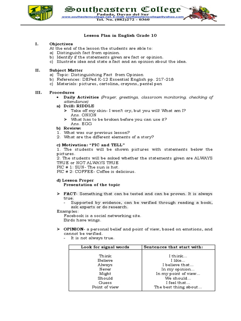 Grade 10 English Lesson Plan on Distinguishing Facts from Opinions | PDF